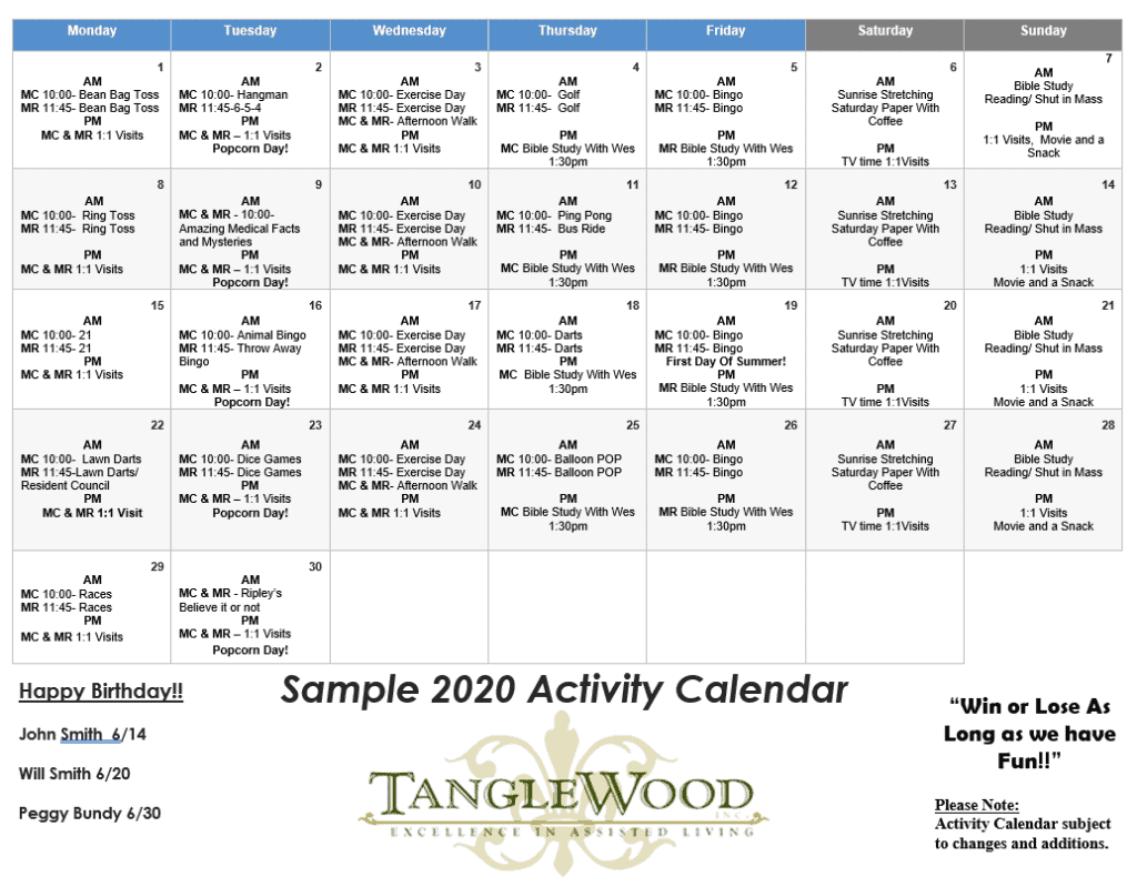 Activities | Calendar | Tanglewood Assisted Living